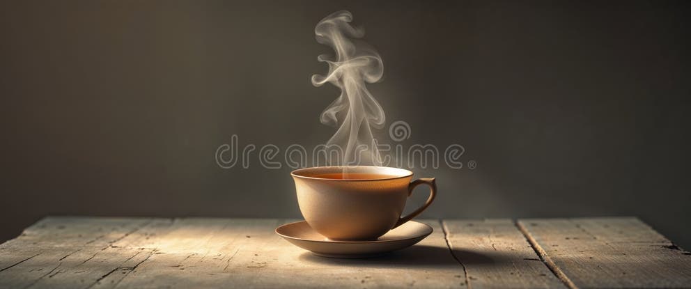 Steaming Tea Cup on Tabletop with Gentle Warm Light and Dark Backdrop ...