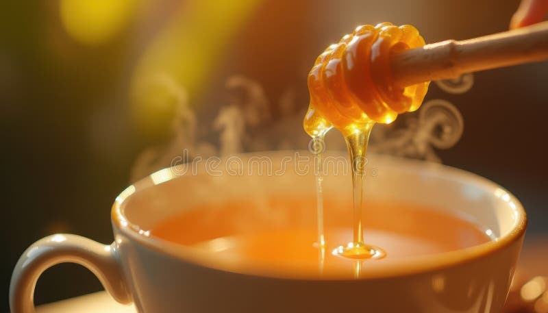 Steaming Tea with Dripping Honey in Warm Sunlight Ambiance. AI ...