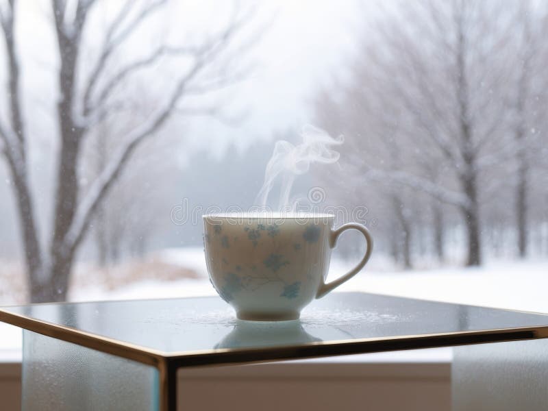 Steaming Tea Mug on Frosted Glass Table with Winter View. Stock Photo ...