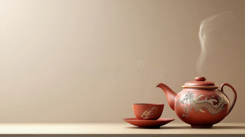 Steaming Teapot and Cup Dragon Design on Wooden Surface Stock ...