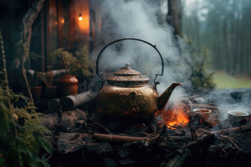 Steaming Teapot Over a Campfire with Herbal Tea Stock Illustration ...