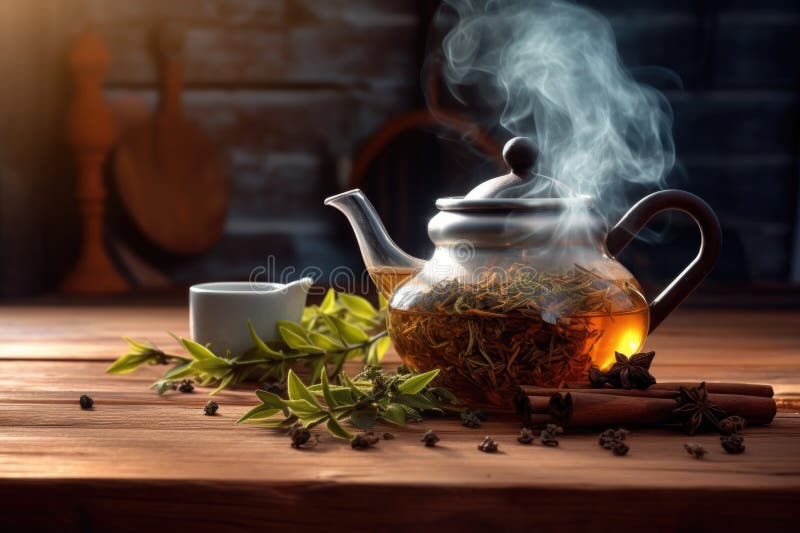 Steaming Teapot on a Wooden Table with Tea Leaves Stock Illustration ...