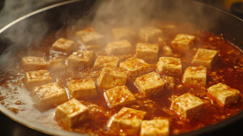 Steaming Tofu Cubes Simmer in Spicy Sauce Stock Illustration ...