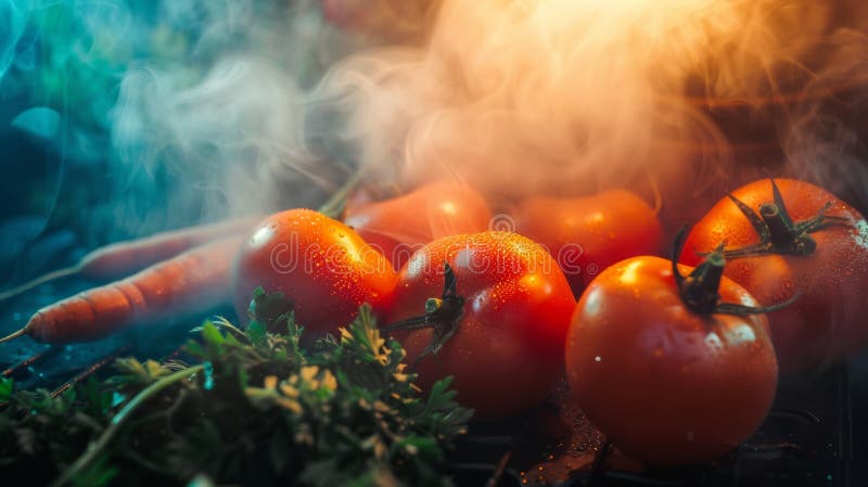 Steaming Tomatoes and Vegetables in a Kitchen Setting Stock Photo ...