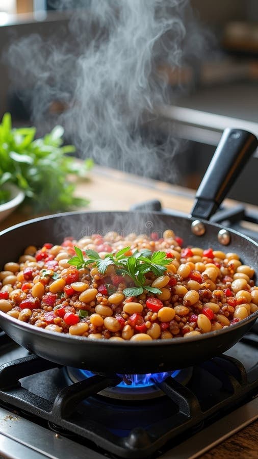 Steaming Vegetable and Bean Stir Fry in Pan on Stove Stock Image ...