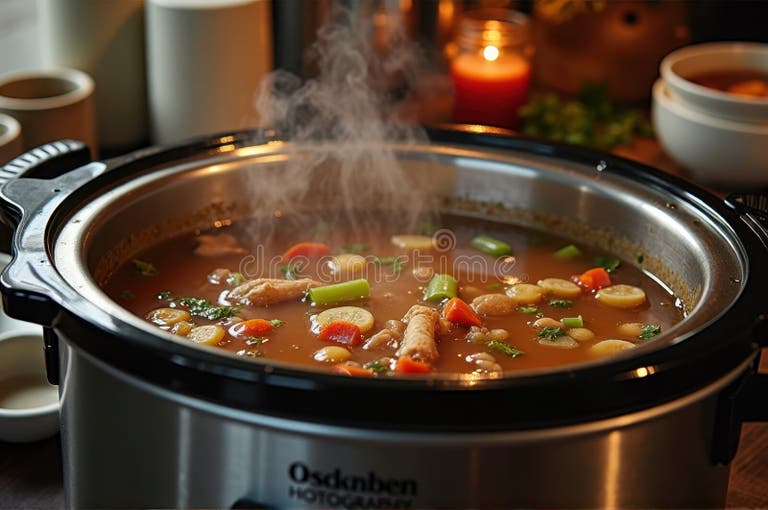 Steaming Vegetable and Chicken Stew in a Crockpot on a Cozy Kitchen ...