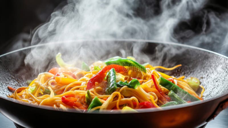 Steaming Vegetable Noodles in a Dark Wok Stock Illustration ...
