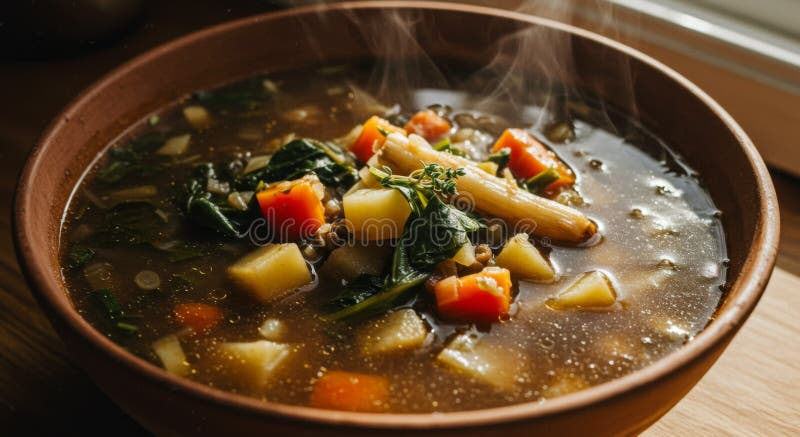 Steaming Vegetable Soup in Earthenware Bowl Stock Illustration ...