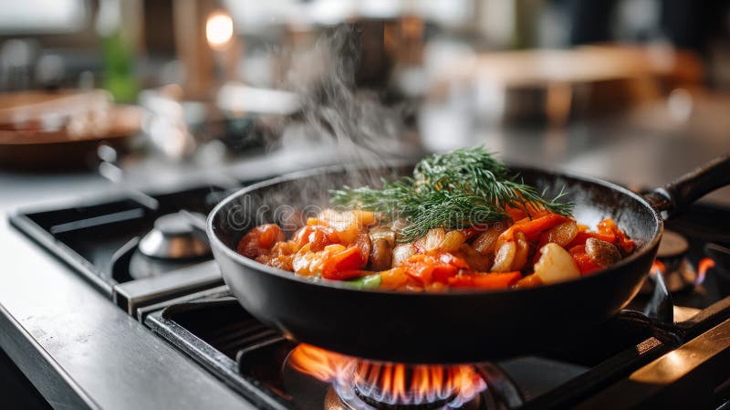 Steaming Vegetables in a Frying Pan on a Stove, Vibrant Kitchen Scene ...
