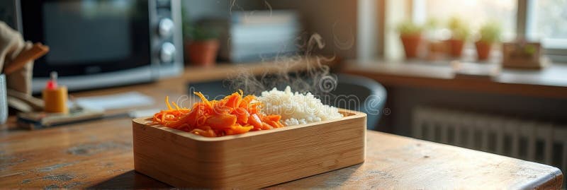 Steaming Vegetables and Rice in Wooden Bowl on Rustic Kitchen Table ...