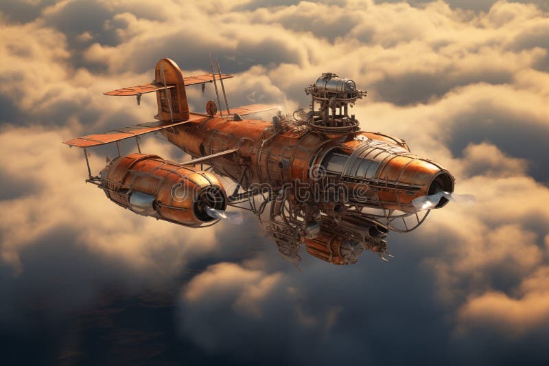 Steampunk Airplane Flying Above the Clouds. by Generative Ai Stock ...