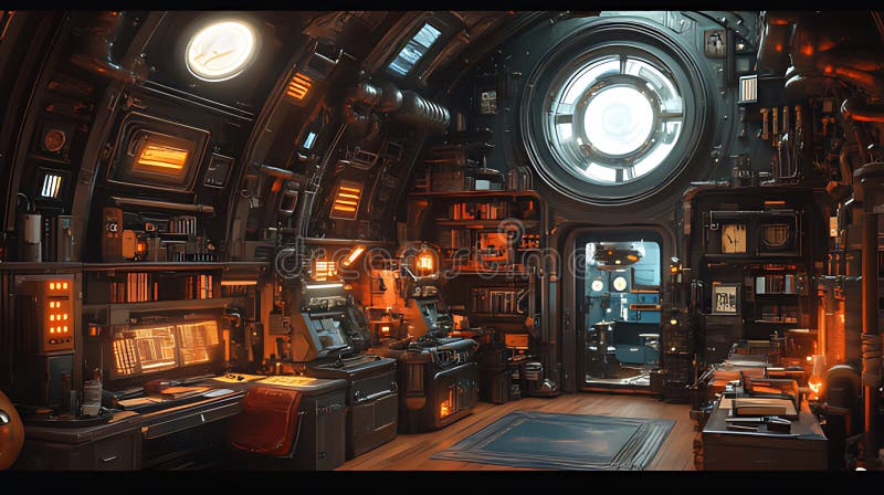 Steampunk Airship Cabin Interior Night Workspace Stock Illustration ...