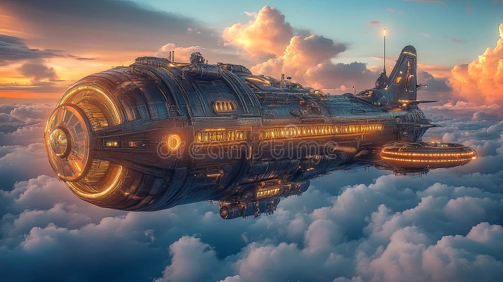 A Steampunk Airship Docked at a Glowing Platform Floating Above the ...