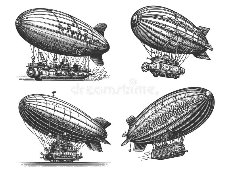 Steampunk Airship Engraving Set Raster Collection Stock Photo - Image ...