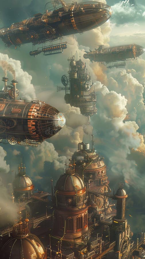A Steampunk Airship Fleet Navigating through Clouds Above a Mechanical ...