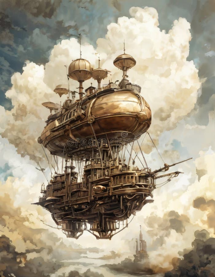Steampunk Airship Floating among the Clouds in Vintage Style Stock ...