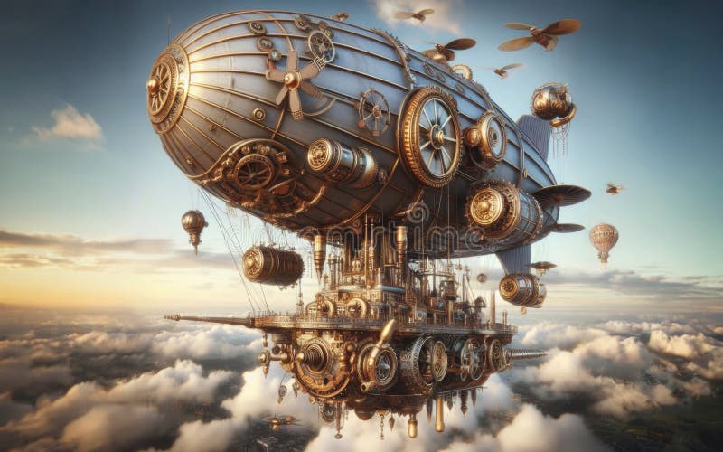 A Steampunk Airship is Flying Gracefully through Fluffy Clouds Stock ...