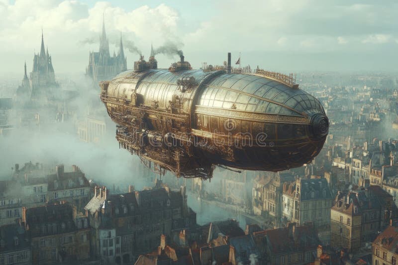 Steampunk Airship Flying Over Cityscape in Cloudy Sky Stock Photo ...