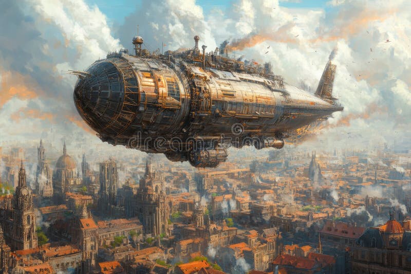 Steampunk Airship Flying Over Industrial Cityscape Stock Photo - Image ...