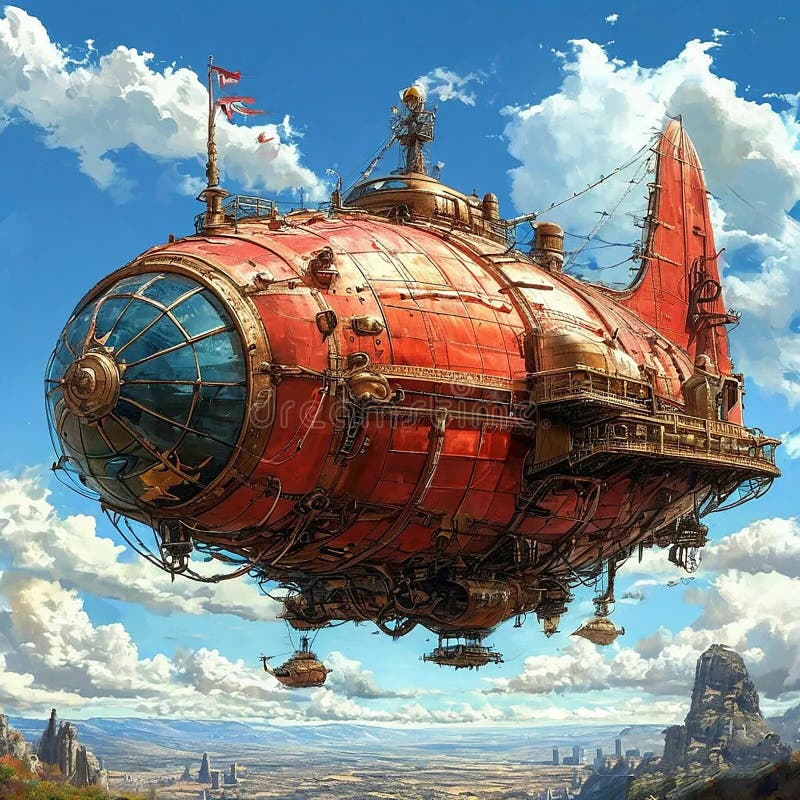 Steampunk airship stock illustration. Illustration of clouds - 369221428