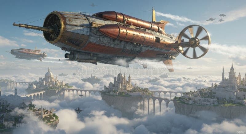 Steampunk Airships Soaring Above Cloud Cities Stock Illustration ...