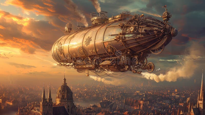 Steampunk Airships in a Sunset Sky. Resplendent. Stock Image - Image of ...