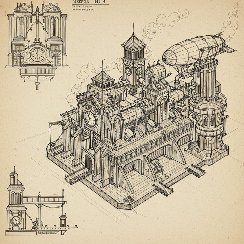 Steampunk Architectural Sketch Titled "Skyport Hub." Displays a Complex ...