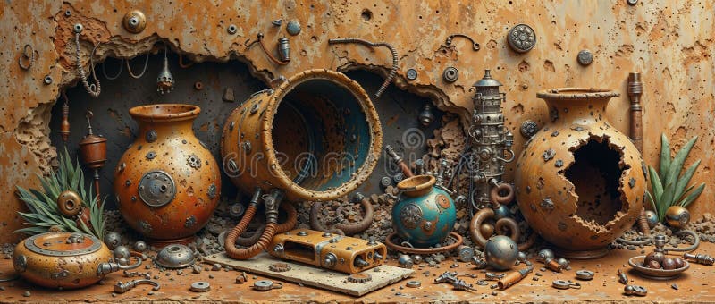 Steampunk Artistic Composition of Rusty Mechanical Vessels and Gears ...
