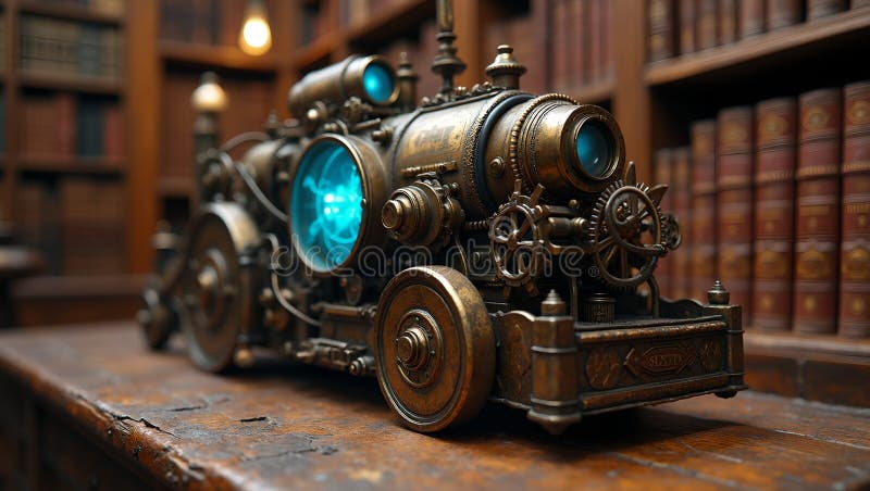 Steampunk Automaton in Victorian Library with Glowing Blue Core Stock ...
