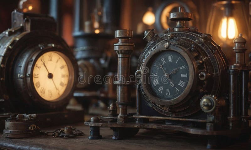 Steampunk Background. Mechanisms, Gears, Light Bulbs and Clocks Stock ...