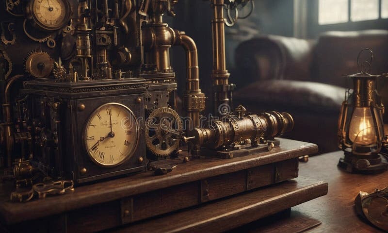 Steampunk Background. Mechanisms, Gears, Light Bulbs and Clocks Stock ...