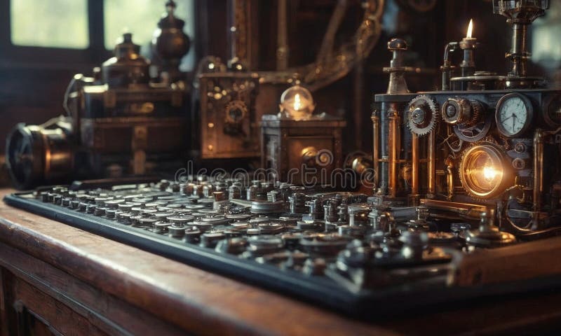 Steampunk Background. Mechanisms, Gears, Light Bulbs and Clocks Stock ...