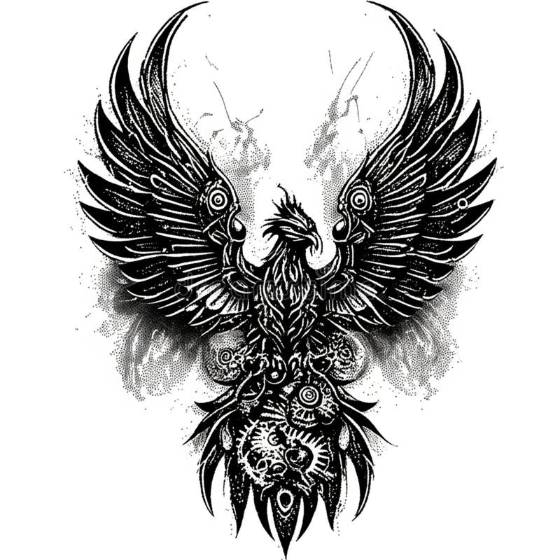 Steampunk Biomechanical Phoenix Tattoo Flash Fusion Stock Illustration ...
