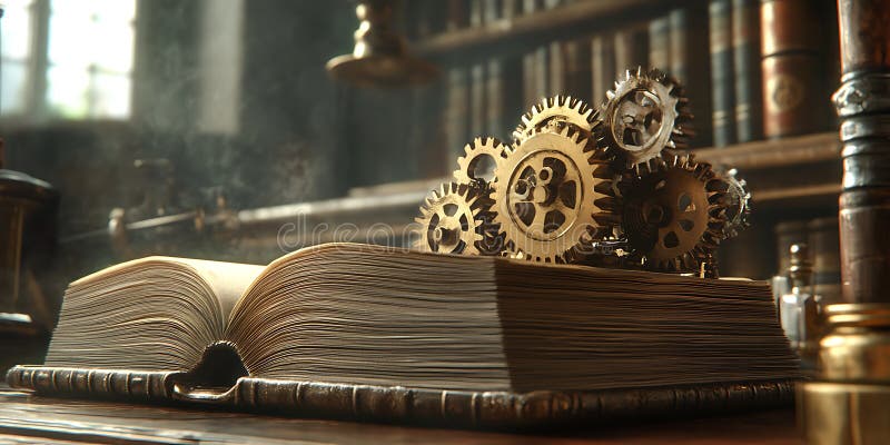 Steampunk Book Gears Library Clockwork Art Background Wallpaper Stock ...