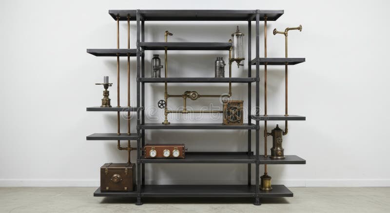 Steampunk Bookshelf Display with Industrial Style Objects and Rustic ...