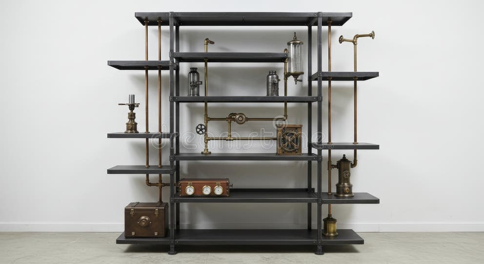 Steampunk Bookshelf Display with Industrial Style Objects and Rustic ...