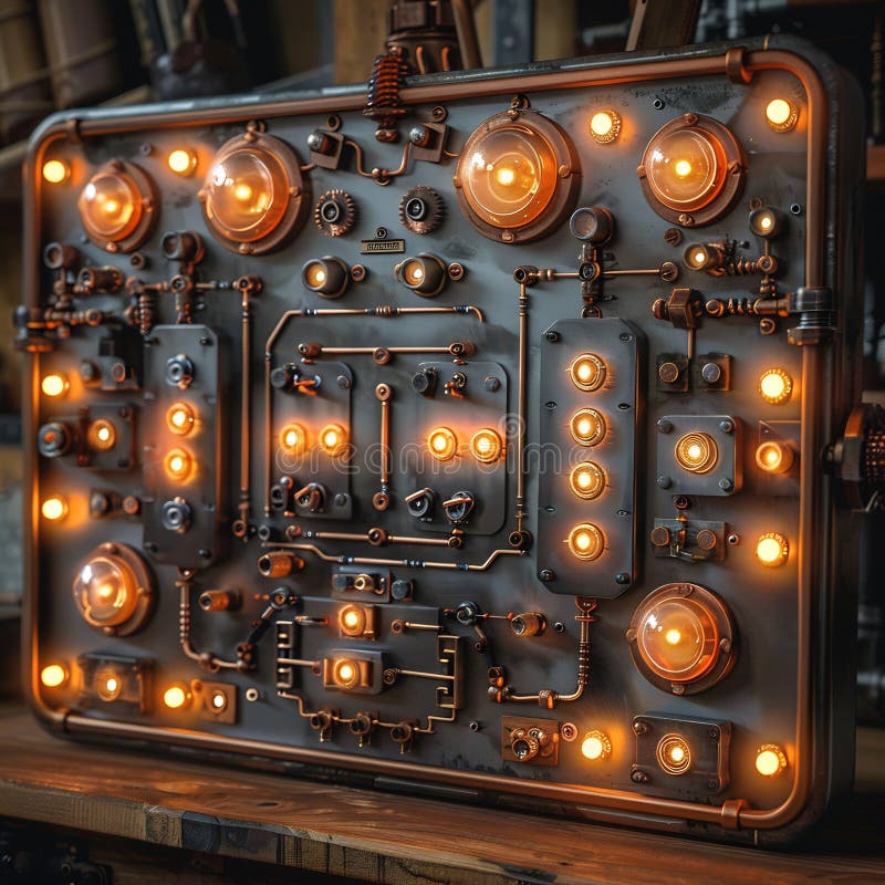 Steampunk Brass & Copper: Glowing Energy Nodes on Control Panel Stock Illustration ...