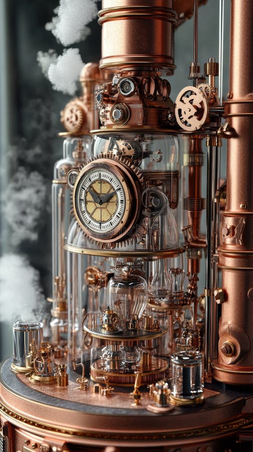 Steampunk Brass Machine with Visible Clock and Steam Vents Stock Photo ...