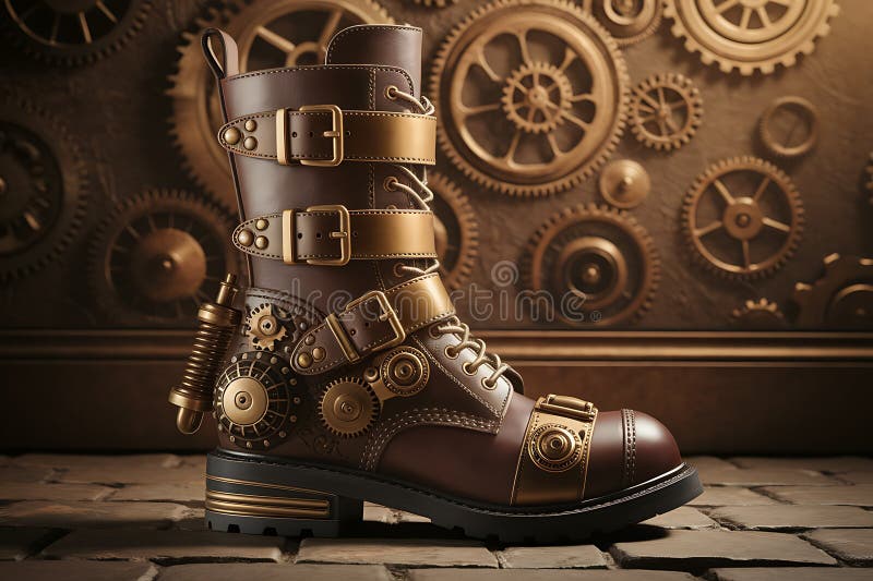 Steampunk Brown Leather Boots with Brass Gears Buckles and Mechanical ...