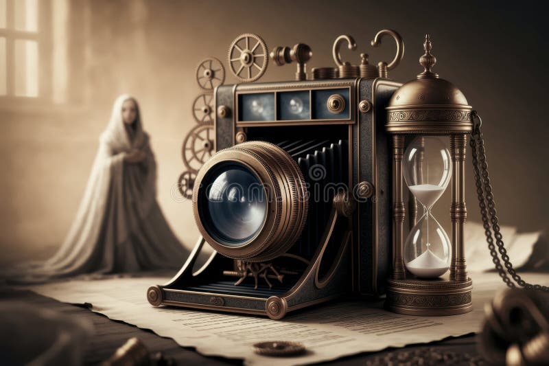 Steampunk Camera and Hourglass in Vintage Setting with Mysterious ...