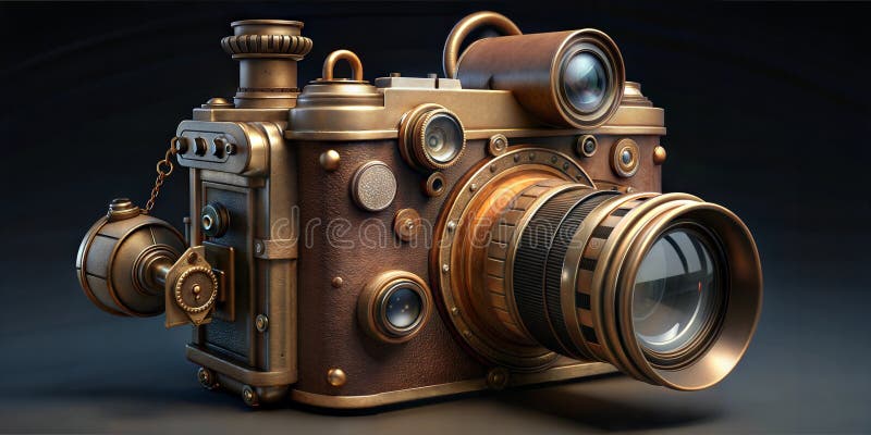 A Steampunk Camera with Intricate Brass Details and a Chain Attachment Set Against a Dark ...