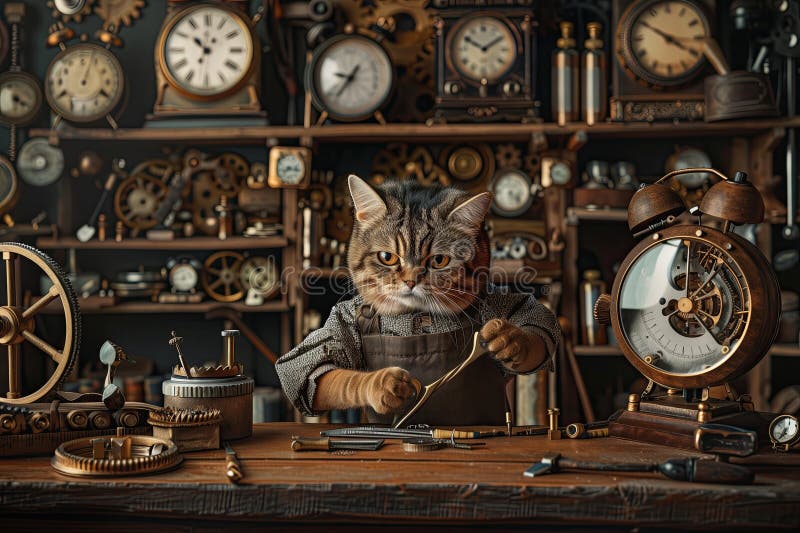 Steampunk Cat As a Watchmaker, a Cat Sitting at an Old Wooden Table ...