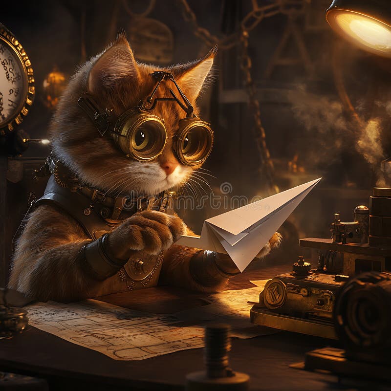 Steampunk Cat Crafting a Paper Airplane in a Workshop Stock ...
