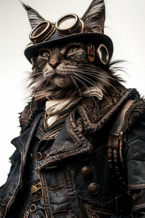 Steampunk Cat in Goggles and Vintage Attire Portrait Stock Image - Image of outfit, detail ...