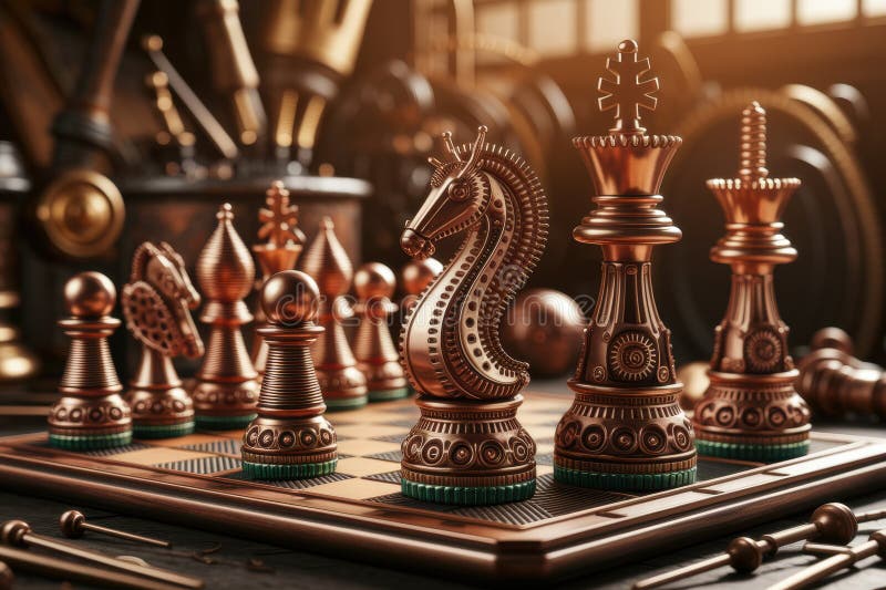 Steampunk Chess Set with Intricate Bronze Pieces on Vintage Board in ...