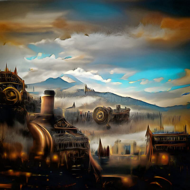 Steampunk City Landscape with Mountains Stock Illustration ...