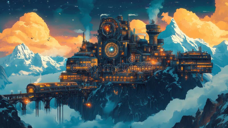 Steampunk City on a Snowy Mountain at Night Stock Illustration ...