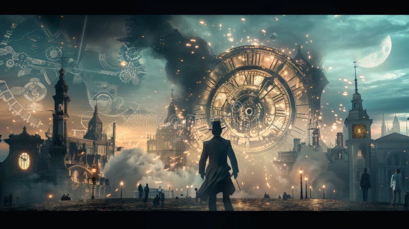Steampunk Cityscape with Clockwork Giant Stock Illustration ...