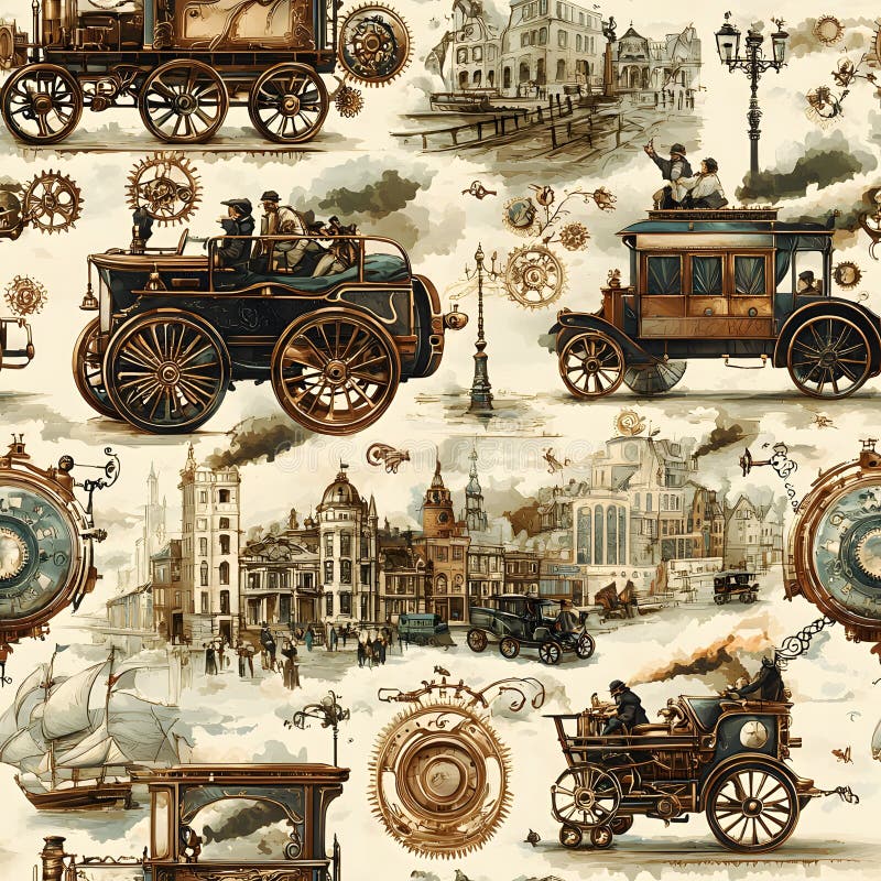 Steampunk Cityscape Fabric Design. AI Generated Stock Illustration ...