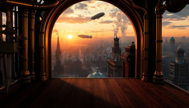 Steampunk Cityscape Sunset: Panoramic View from Arch Window Stock Illustration - Illustration of ...